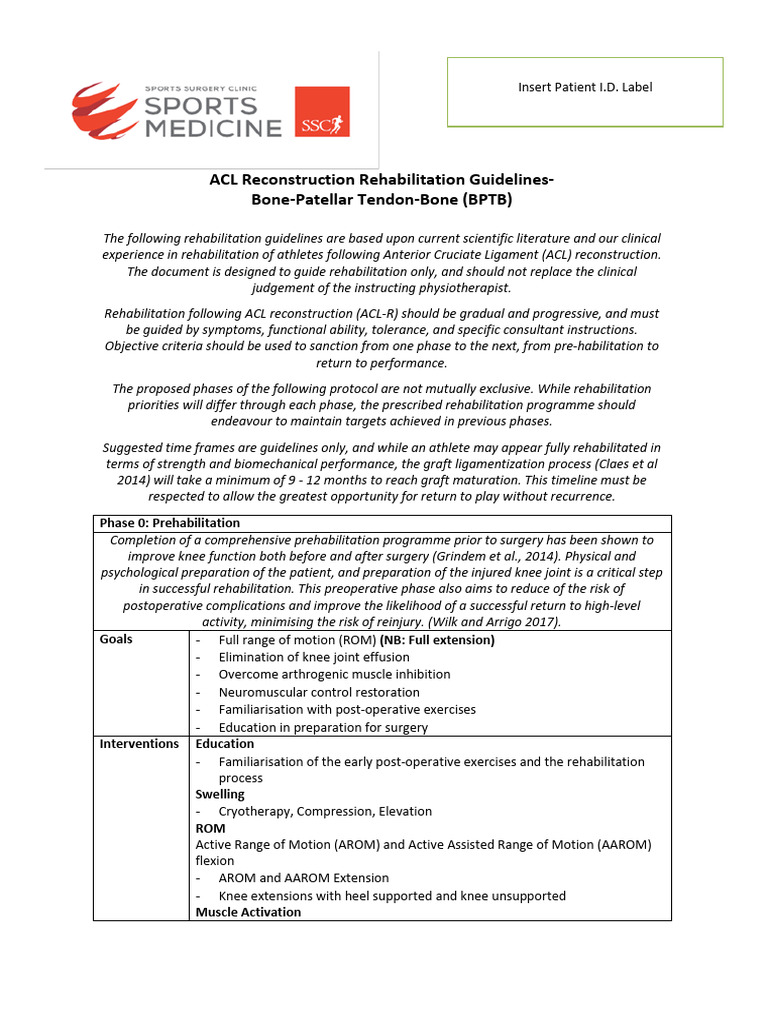 ACL Protocol SSC 2021 Patellar Tendon Graft BPTB | PDF | Strength ...
