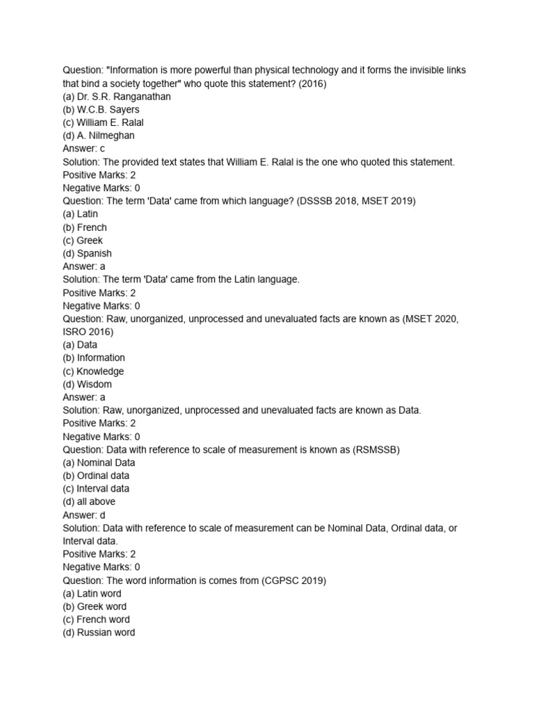 Information and Data Quiz Questions | PDF | Information | Level Of ...