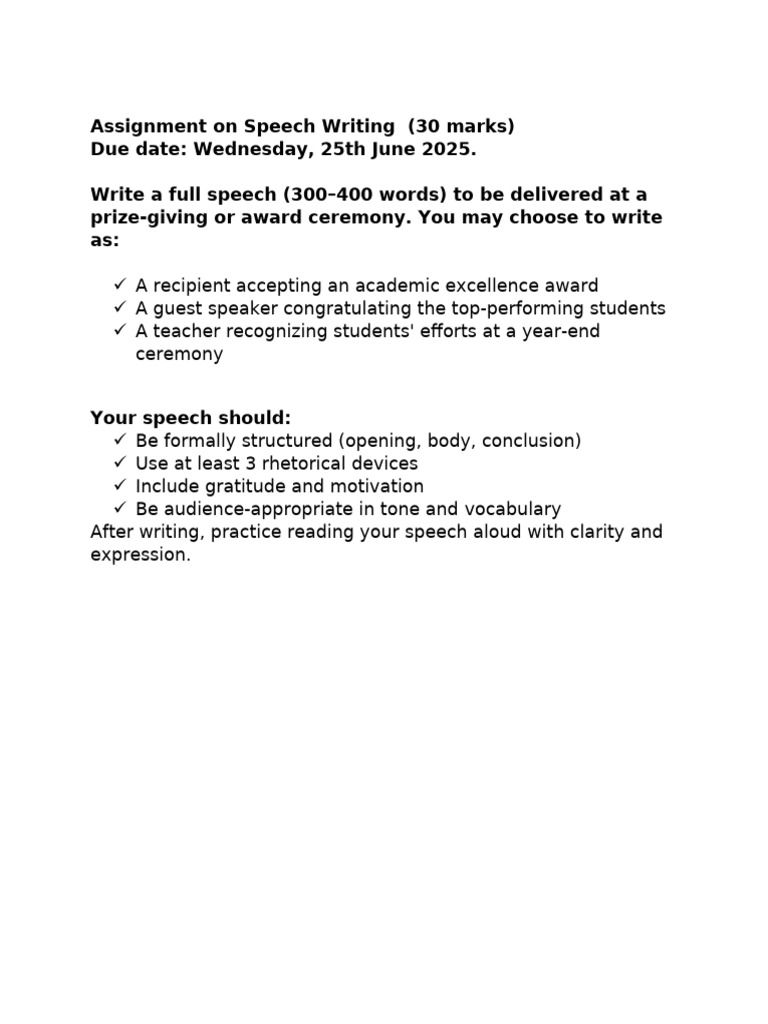 Speech Writing Assignment Guidelines | PDF