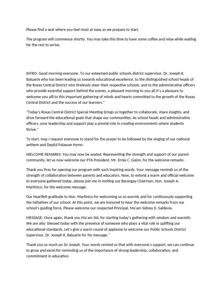 Emcee Script for District Meeting | PDF