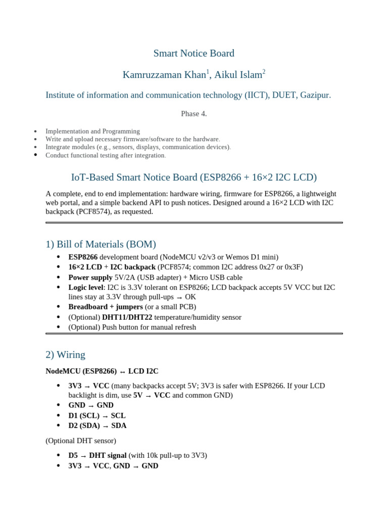 Io T Smart Notice Board - Esp8266 + 16x2 I2c LCD (Implementation & Firmware) | PDF | Computing ...