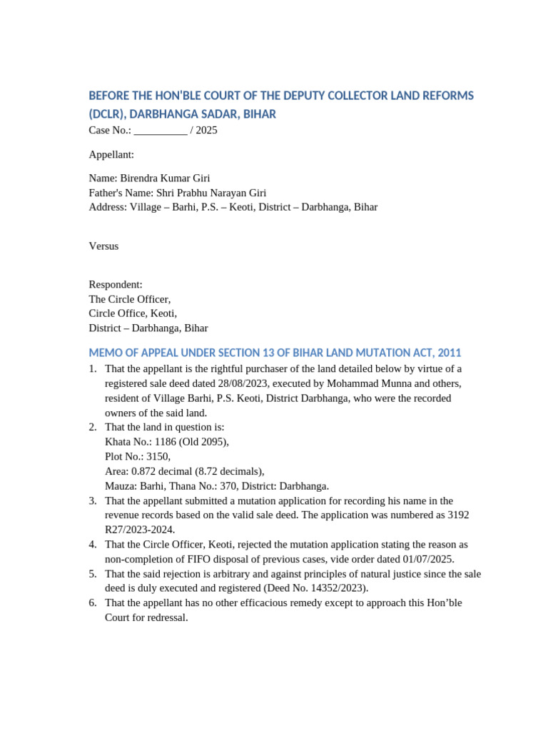 Appeal Against Land Mutation Rejection | PDF | Appeal | Affidavit