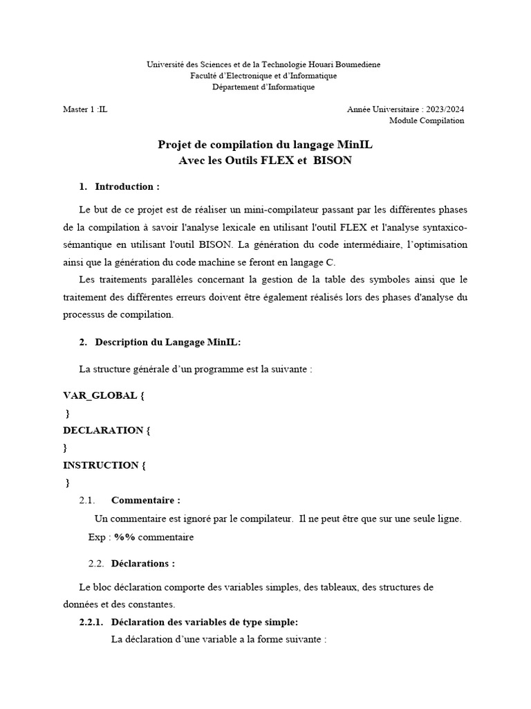 Projet de Compilation MinIL avec FLEX et BISON | PDF | Compilateur ...
