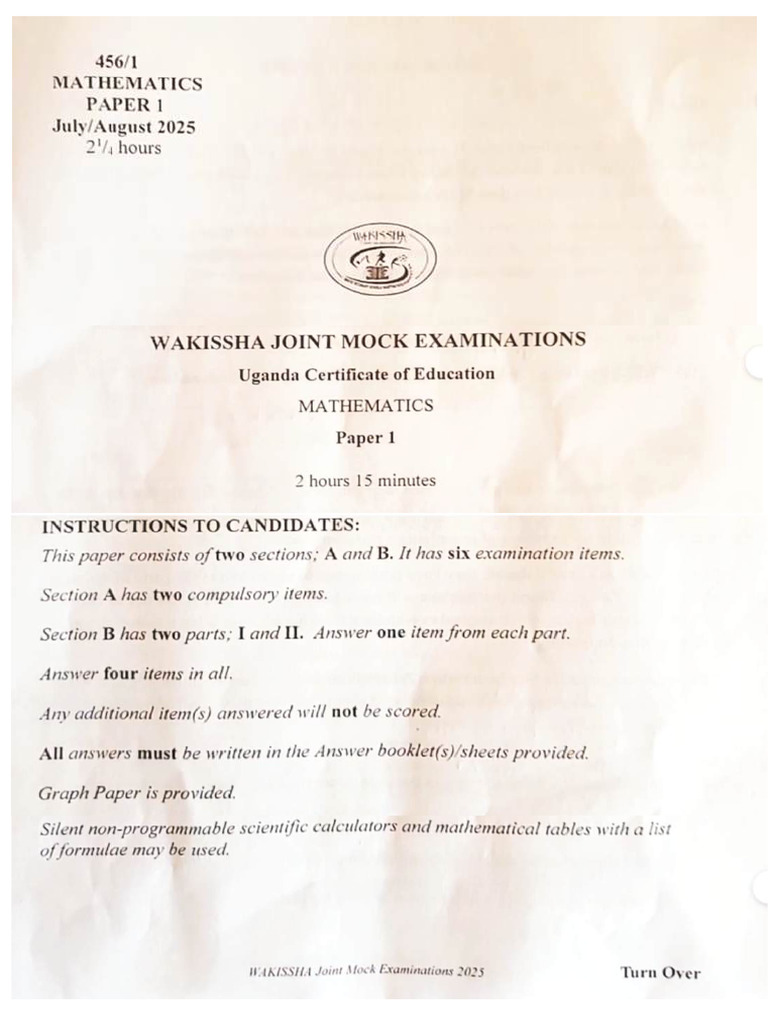 UCE Mathematics Wakisha Mock 2025 Compressed | PDF