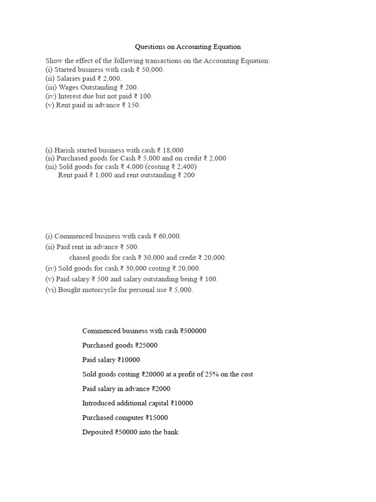 Accounting Equations Questions - Class | PDF