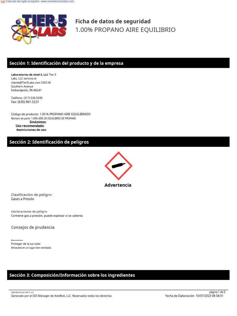 Ficha de Seguridad del Propano 1% | PDF | Agua | Propano