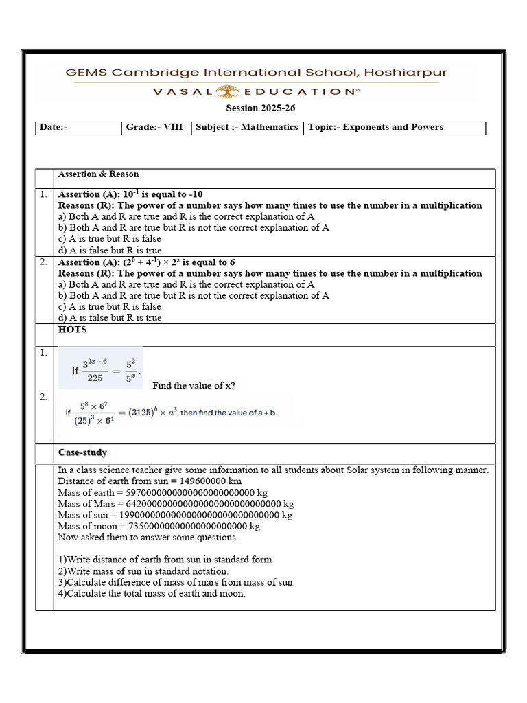 Worksheet Exponents and Powers | PDF