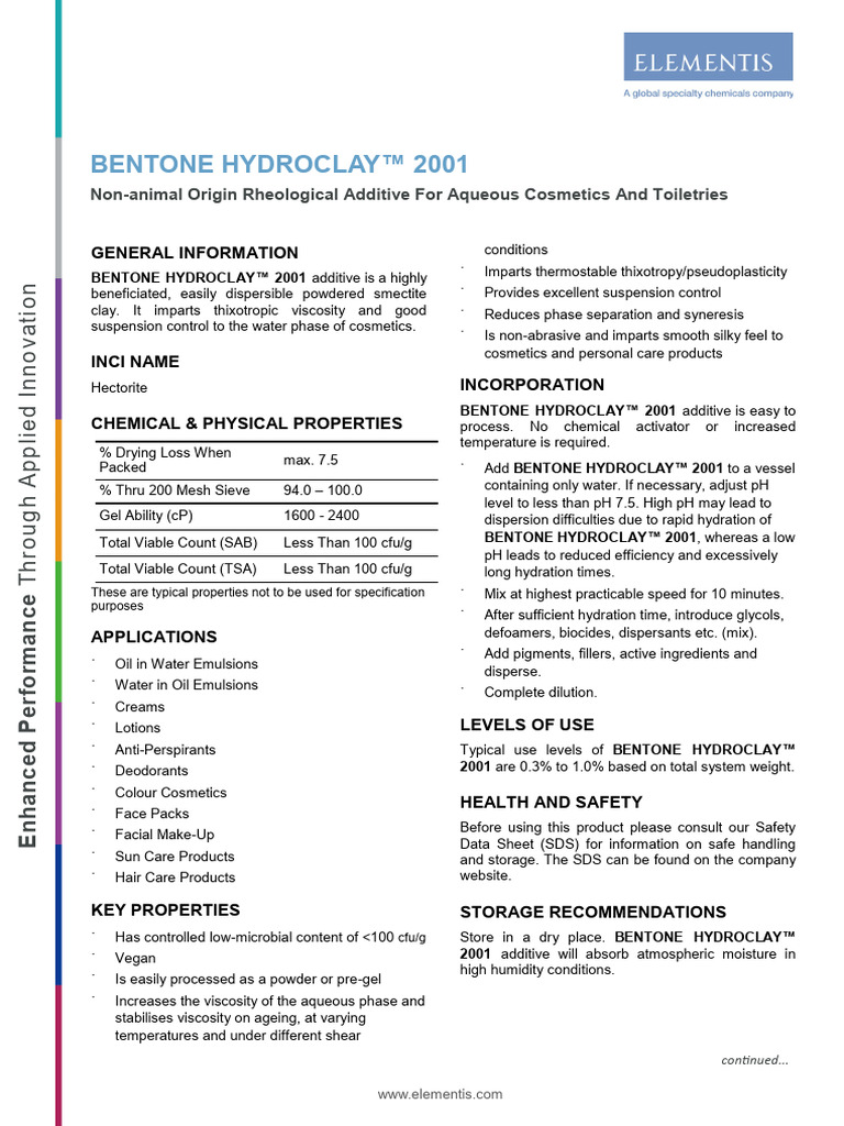 Tds-Bentone Hydroclay 2001 | PDF | Cosmetics | Materials