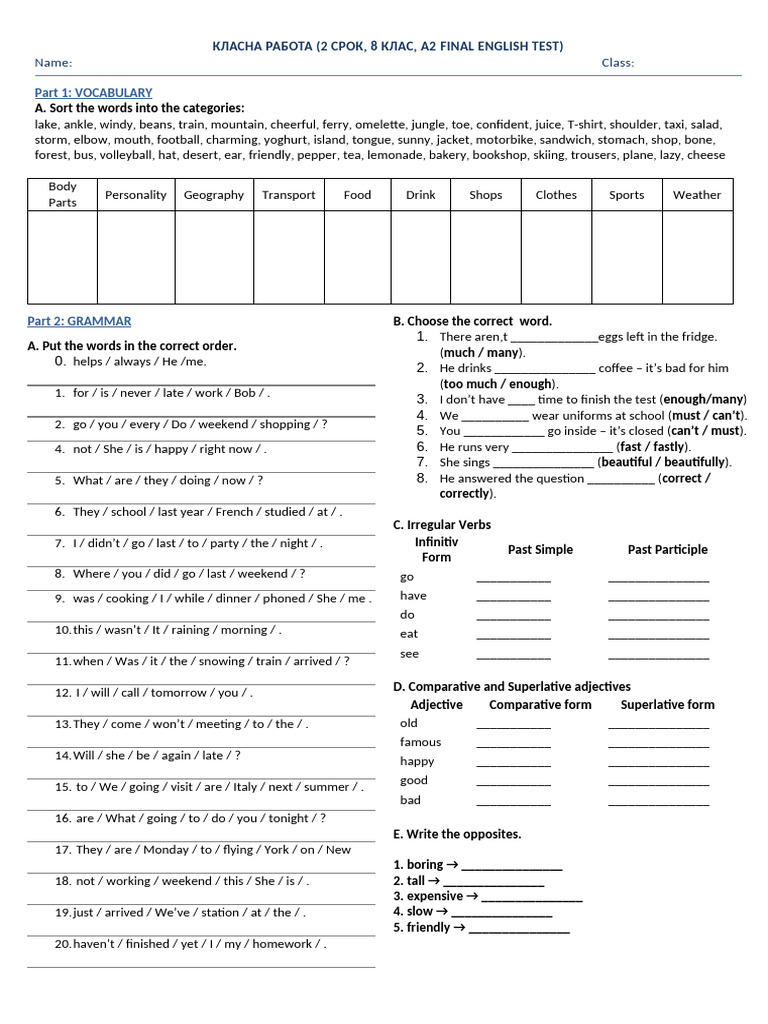 A2 Final English Test CGPT | PDF | Adjective | Grammar