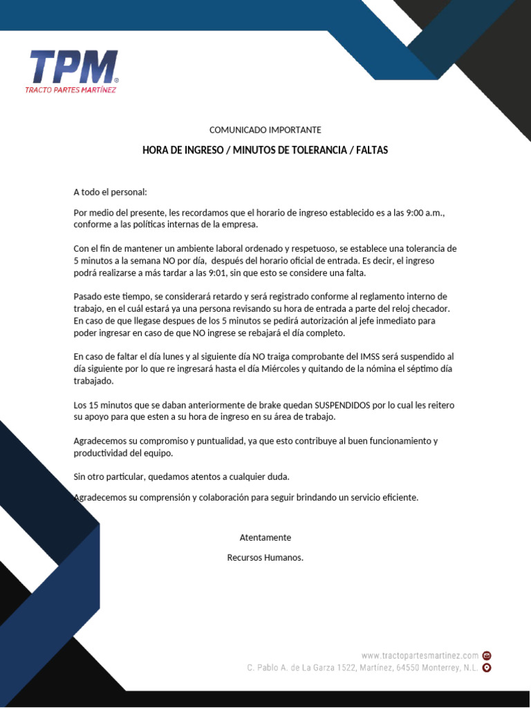 Horario De Ingreso Y Tolerancia Pdf