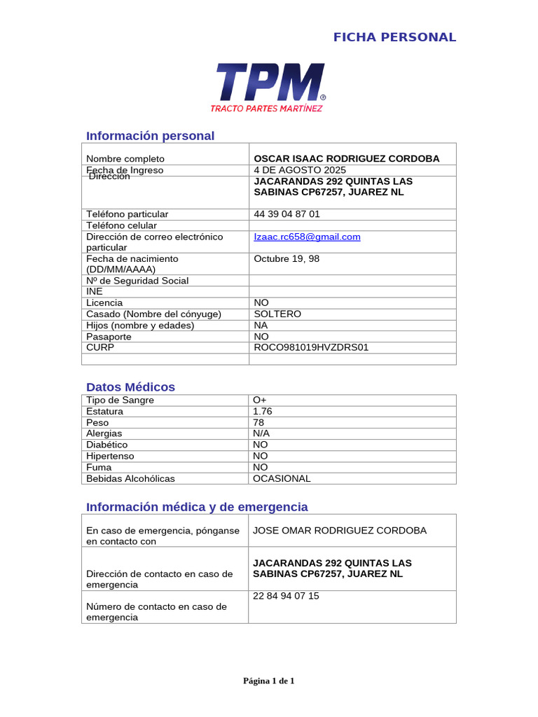 Ficha Personal de Oscar Isaac Rodríguez | PDF