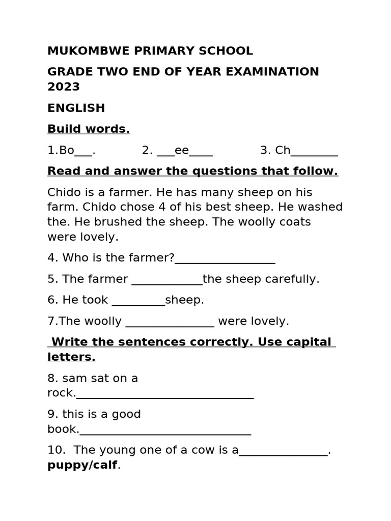 Grade 2 English End of Year Exam 2023 | PDF