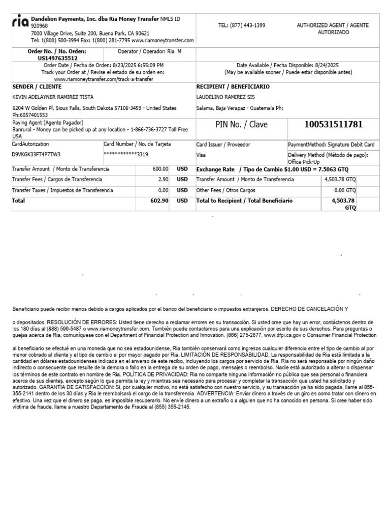 Ria Order Receipt US1497635512 | PDF | Finanzas internacionales ...