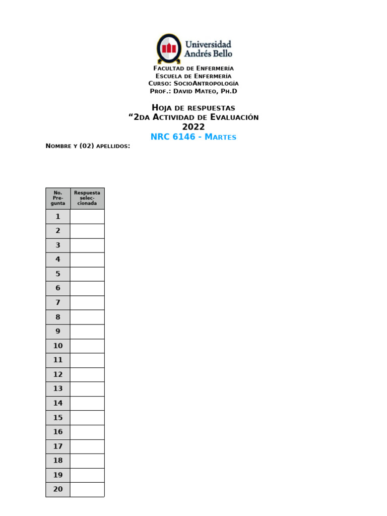 Hoja Respuestas 2da Actv Evaluacion Socioantropologia Enfermeria Dmateo Unab 2022 | PDF