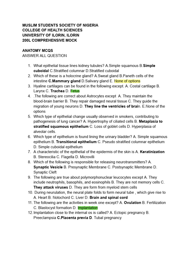 200 Level Comprehensive Mock Urmed (Anatomy) | PDF | Epithelium | Lung