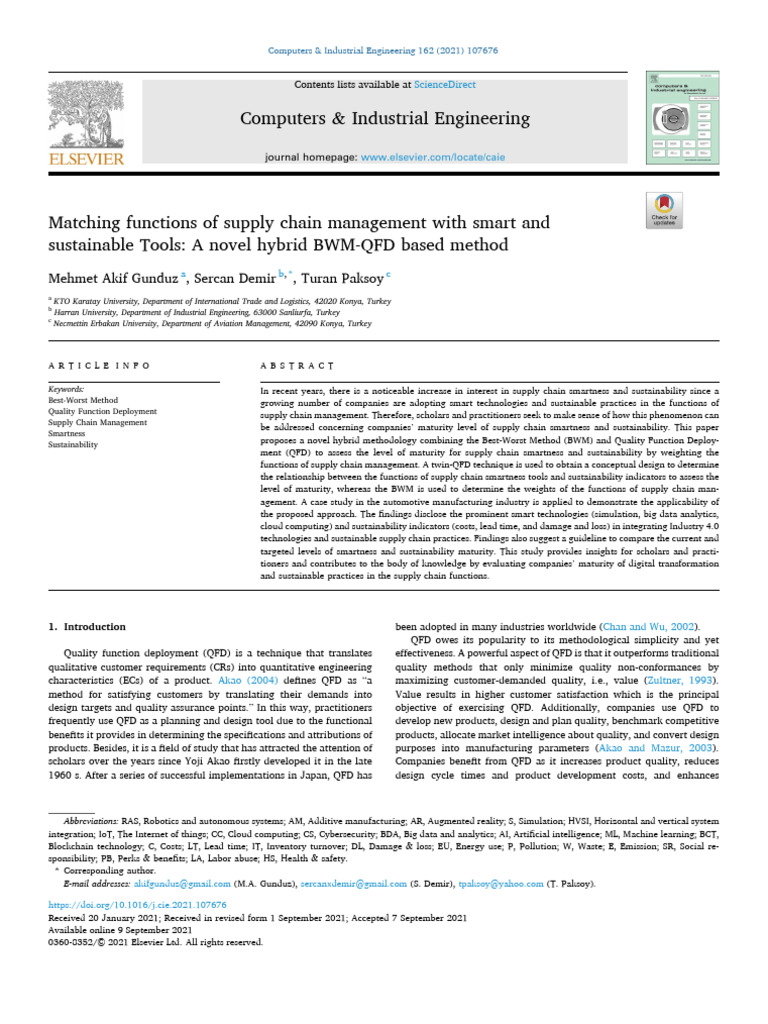 Hybrid BWM-QFD for Smart Supply Chains | PDF | Supply Chain | Supply ...