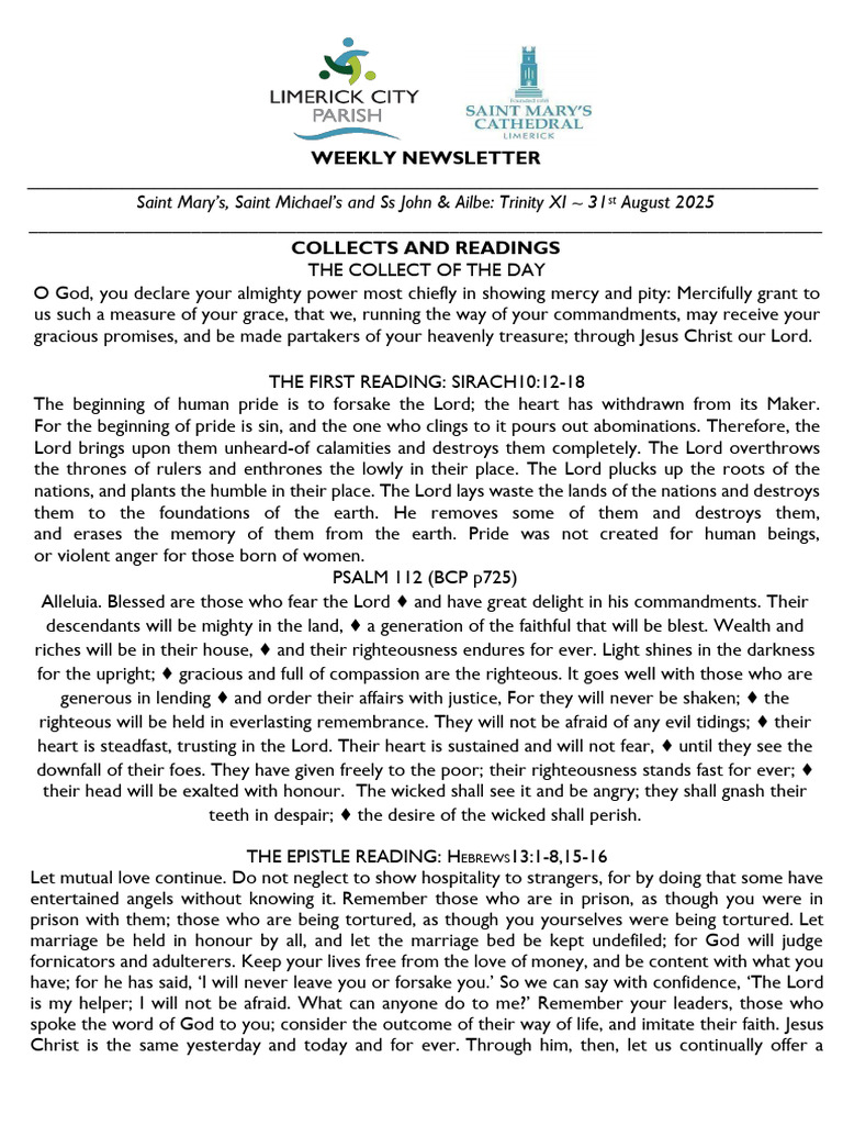 Weekly Newsletter 31.08.25 | PDF | Eucharist | Mercy