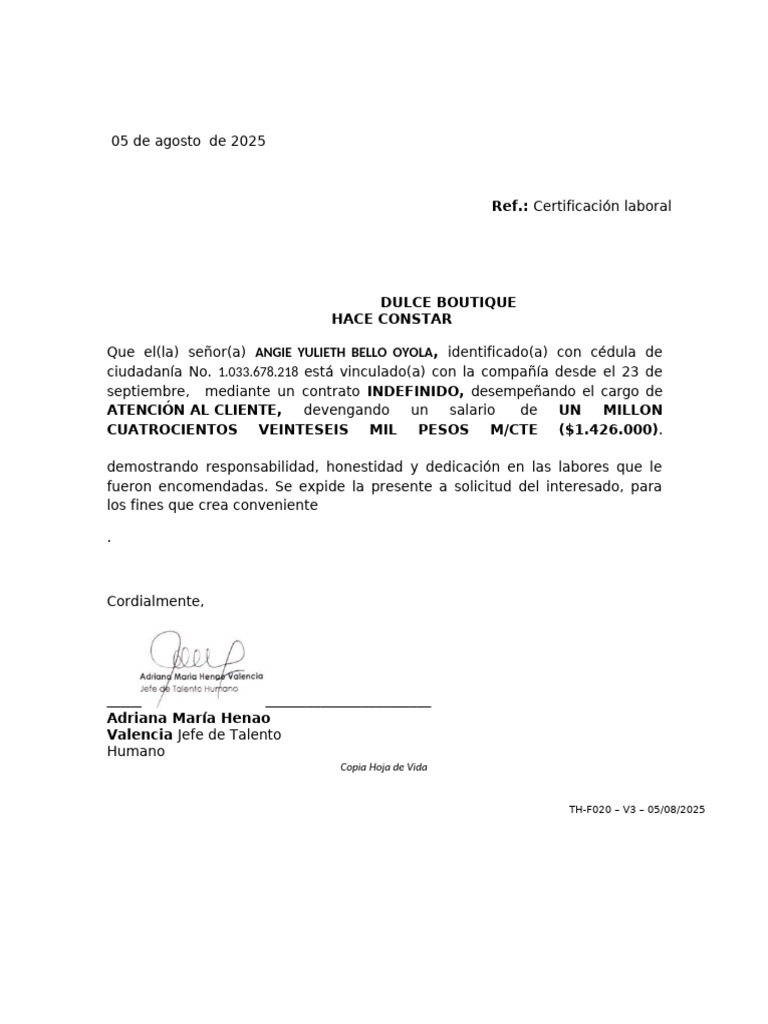 Certificación Laboral de Angie Bello | PDF