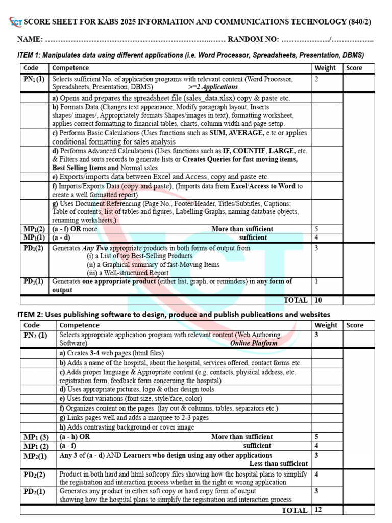 Score Sheet 840 Uce Ict - pp2 2025-1 | PDF | Spreadsheet | Microsoft Excel