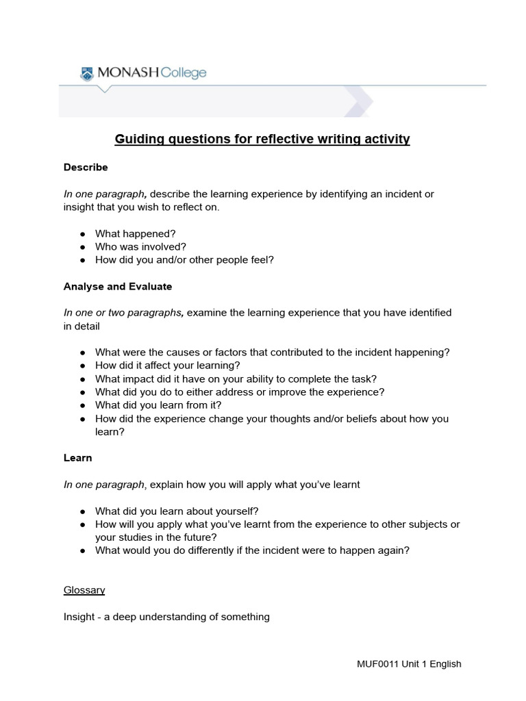 Guiding Questions For Reflective Writing Activity | PDF