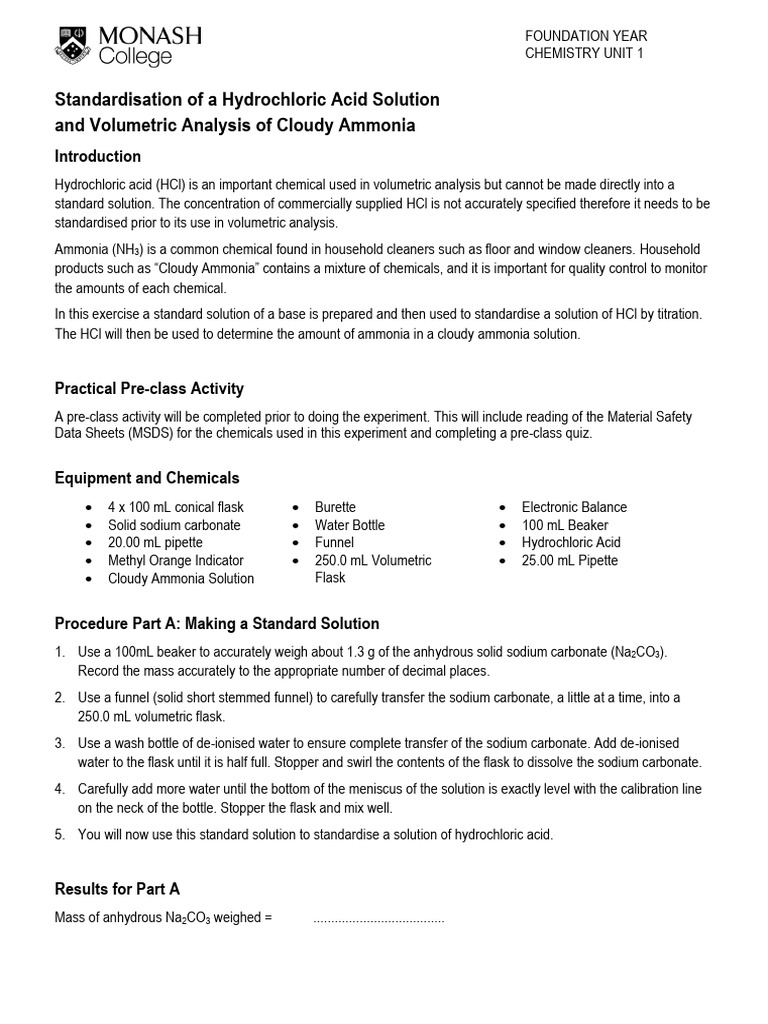 StandardisationofHClandVolumetricAnalysisNH3 Sem2 2025 | PDF | Titration | Chemistry