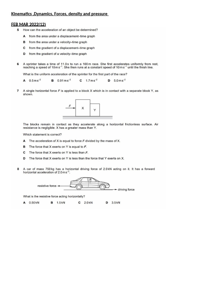 Kinematics, Dynamics, Forces Pressure Density 2022 MCQ | PDF