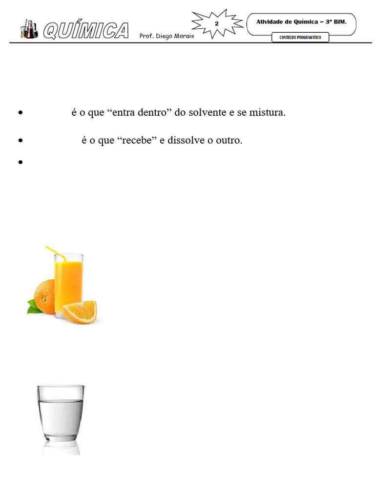 Atividade Adaptada SOLUTO E SOLVENTE - Química 2º | PDF