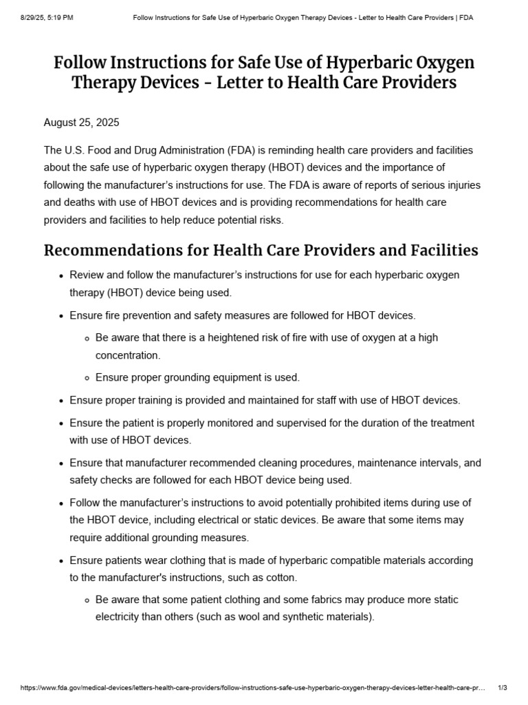 Safe Use of Hyperbaric Oxygen Therapy | PDF | Health Care ...