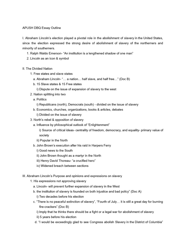 AP DBQ Essay Outline | PDF | Slavery In The United States | Abraham Lincoln