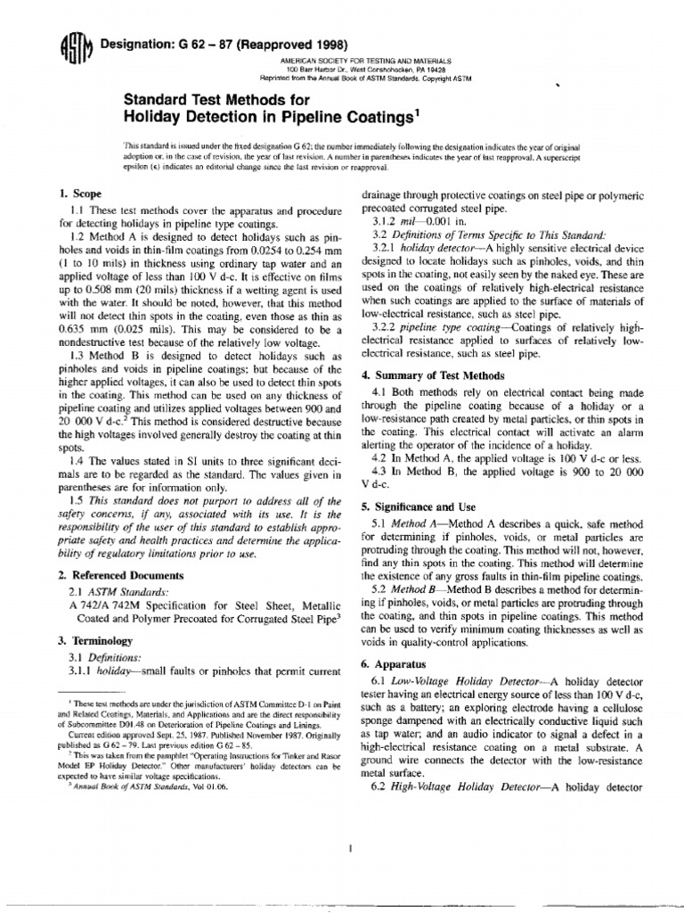 ASTM G 62-88 Holiday Inspection in Pipeline Coatings | PDF