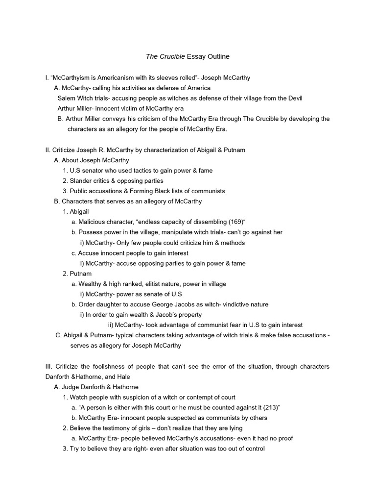 The Crucible Essay Outline | PDF | Witch Trials | Witchcraft