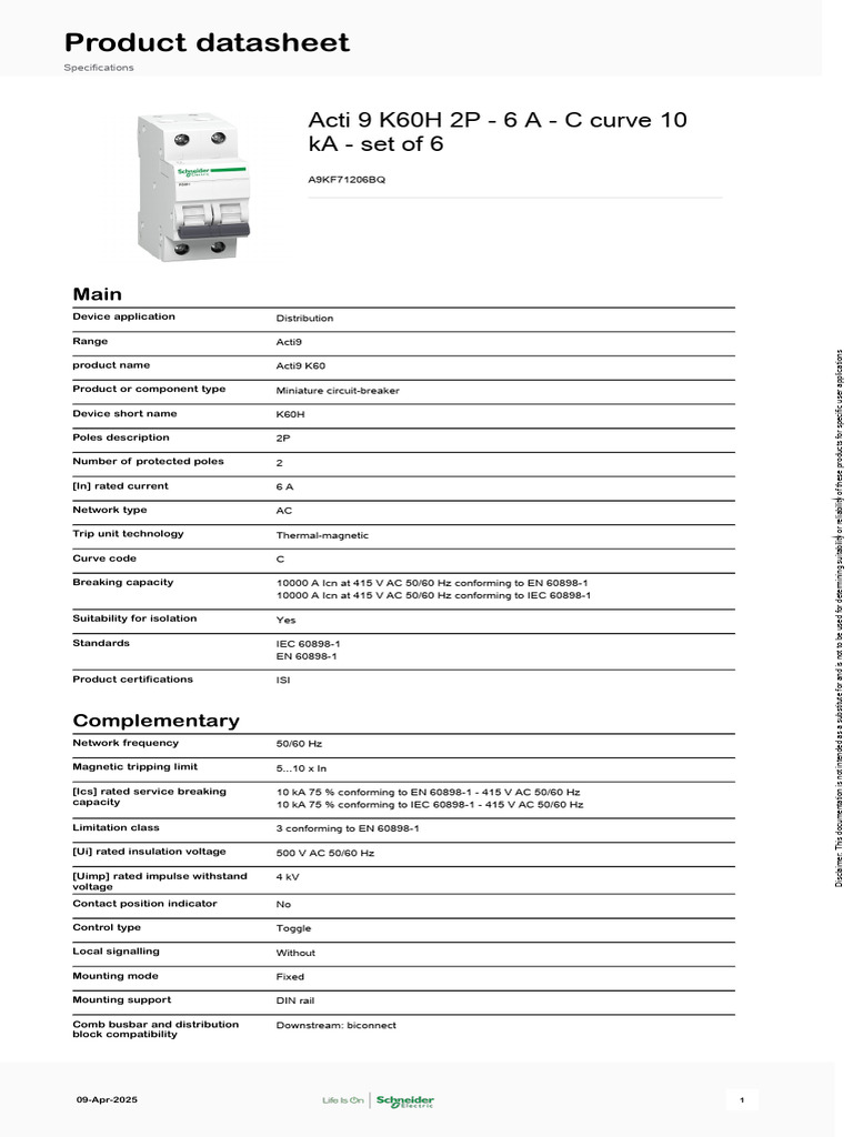 Schneider Electric Acti9-IK60 A9KF71206BQ | PDF | Alternating Current | Hertz