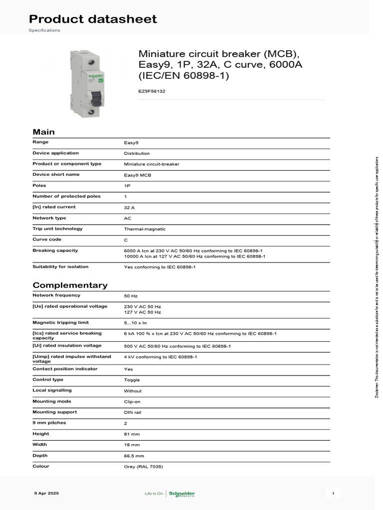 Easy9 MCB 32A Specifications | PDF | Alternating Current | Electricity