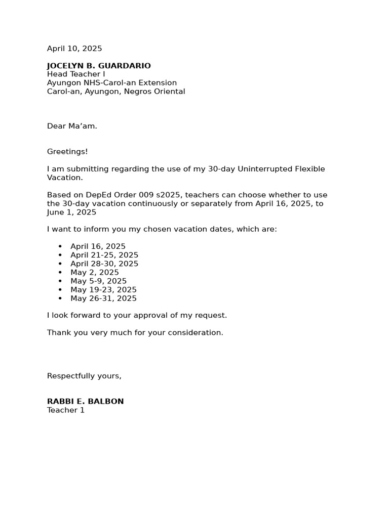 Letter For Uninterrupted Vacation | PDF