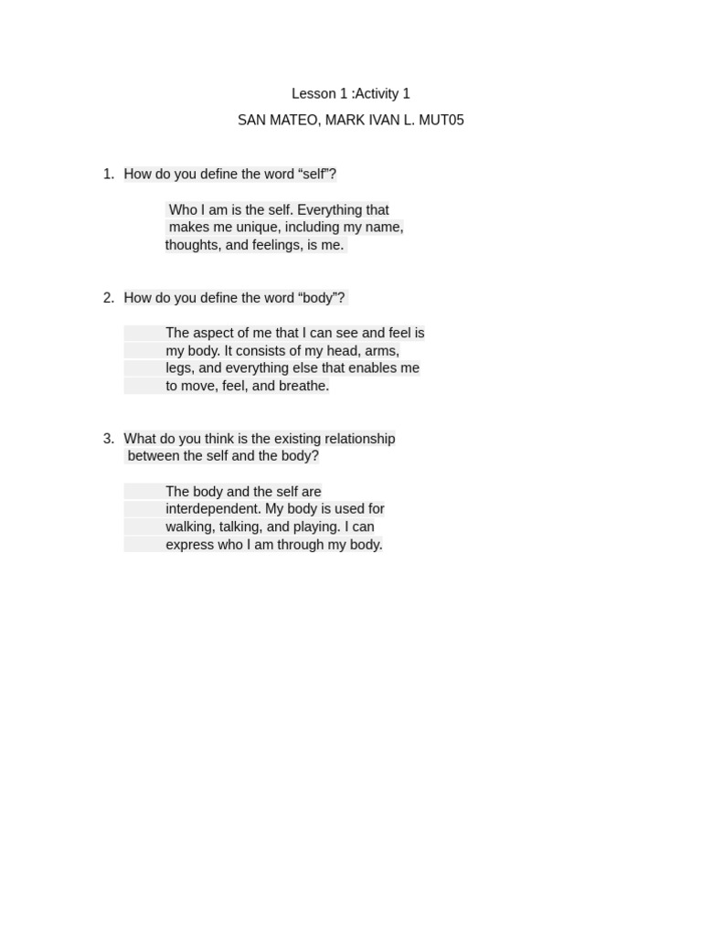 Understanding Self and Body Connection | PDF