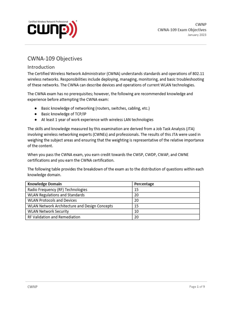 CWNA-109 Exam Objectives Overview | PDF | Ieee 802.11 | Wireless Lan