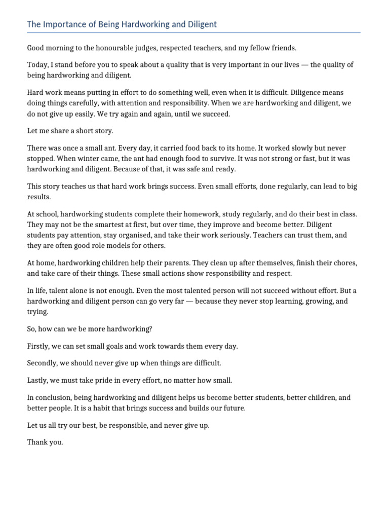Formal Speech Hardworking and Diligent | PDF