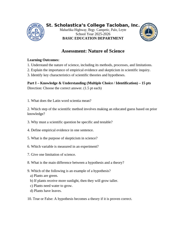 Nature of Science Assessment Guide | PDF | Hypothesis | Science