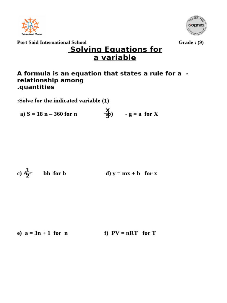 Solving Equations for Variables Guide | PDF