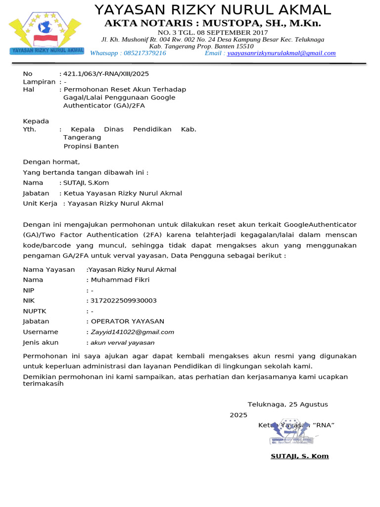 Permohonan Reset Akun Verval Yayasan | PDF