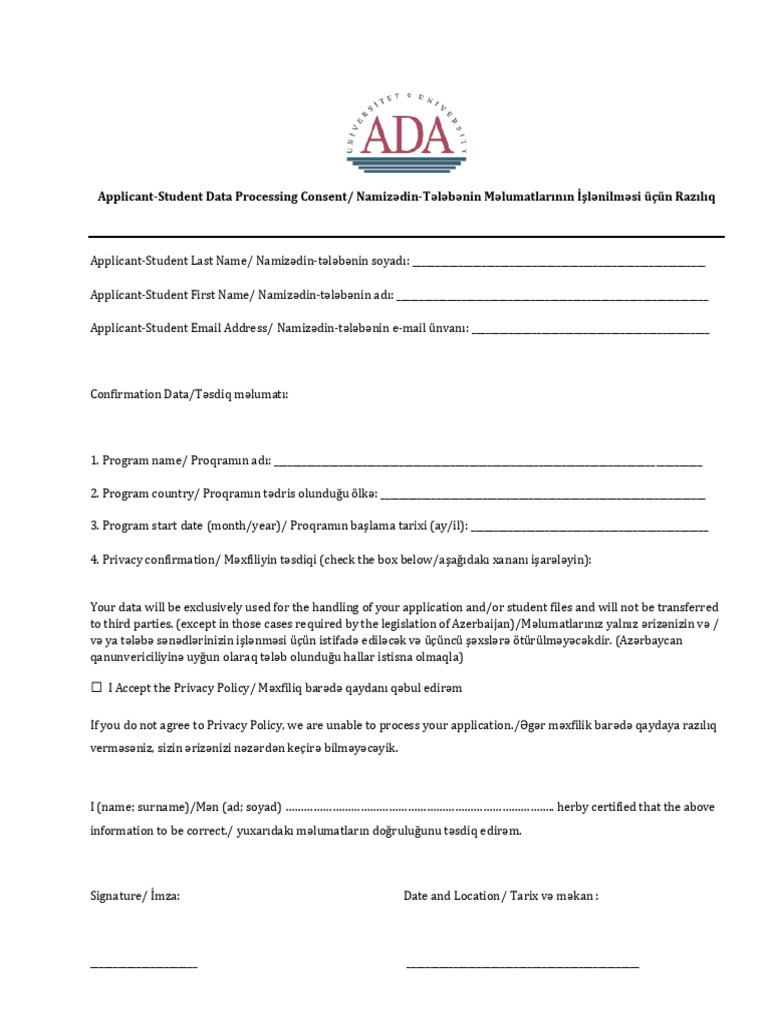 Applicant-Student Data Processing Consent/ Namiz Din-T L B Nin | PDF