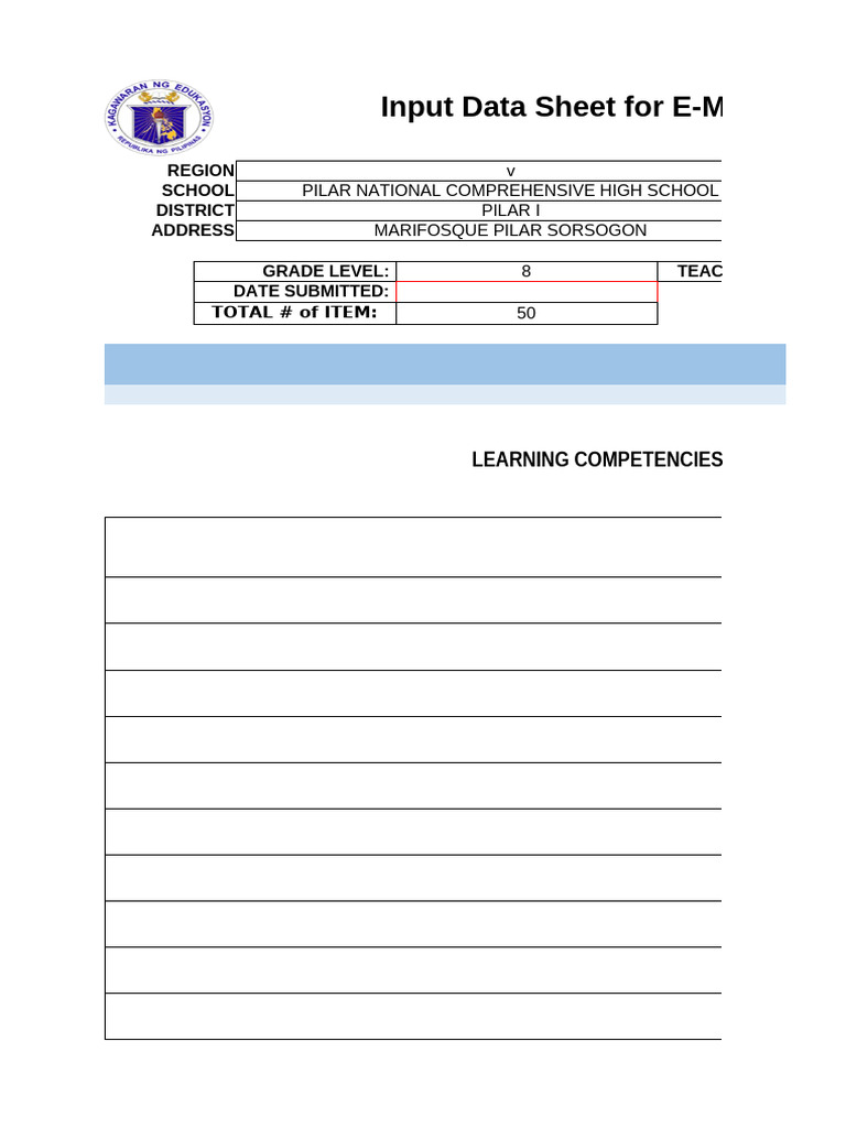 E-Mastery Input Data Sheet for Grade 8 ESP | PDF