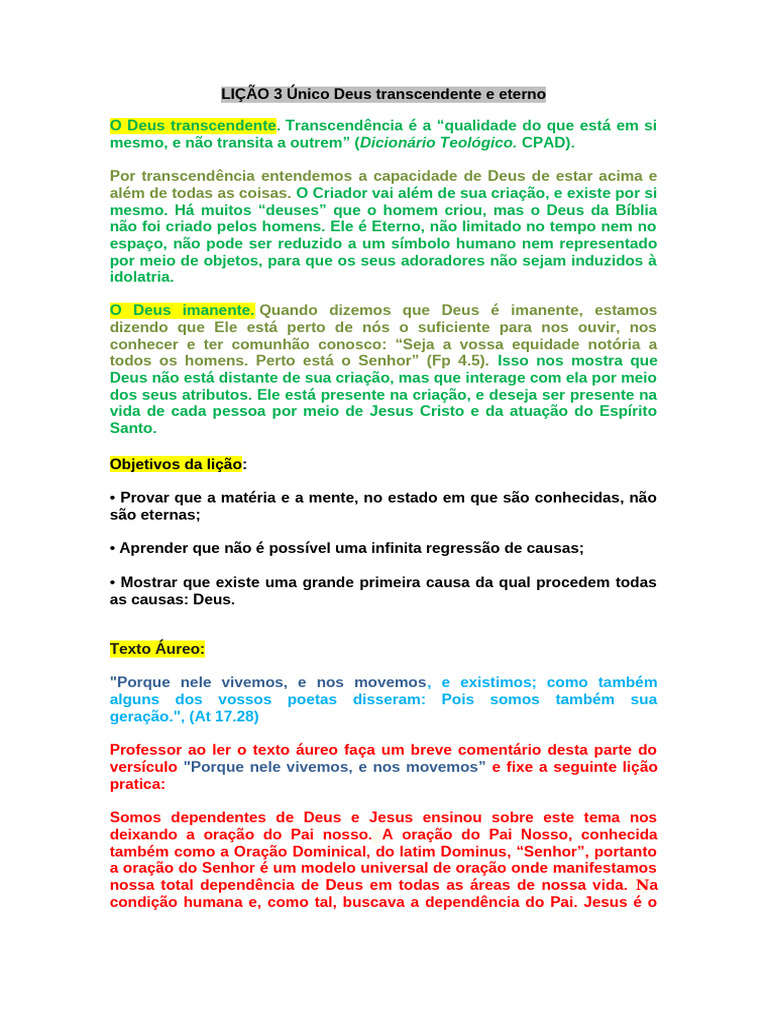 LIÇÃO 3 Único Deus Transcendente e Eterno | PDF | Deus | Ateísmo