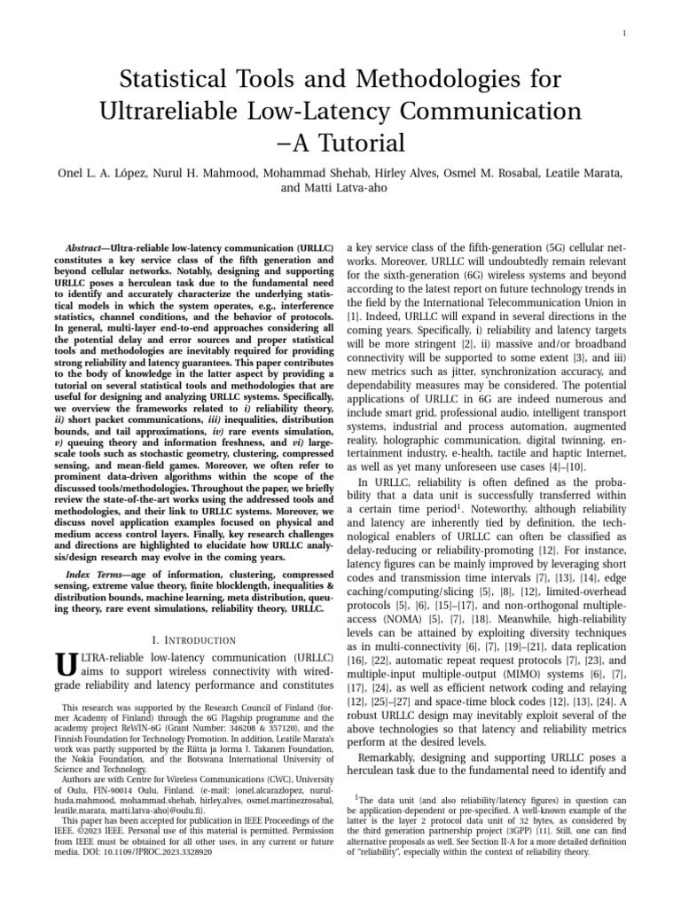 Statistical Tools and Methodologies For Ultra-Reliable Low-Latency Communications - A Tutorial ...