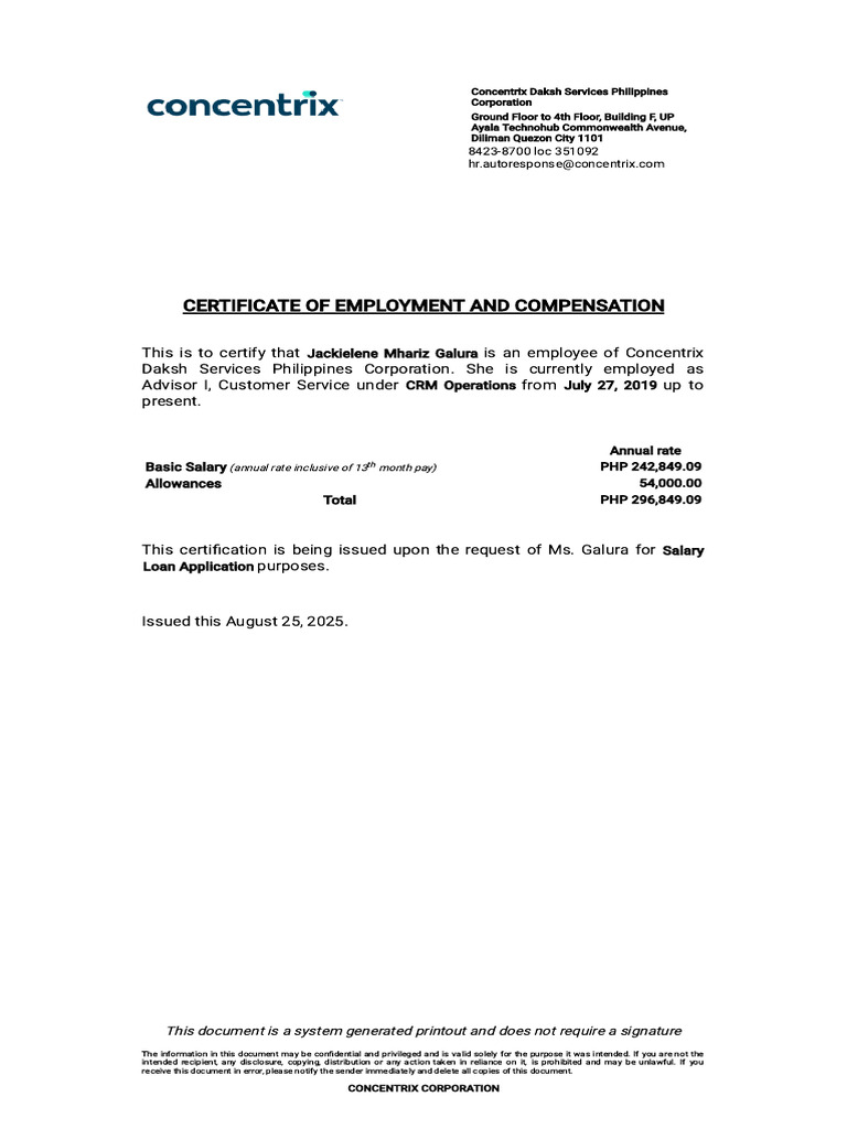 Concentrix Employment Certificate for Loan | PDF