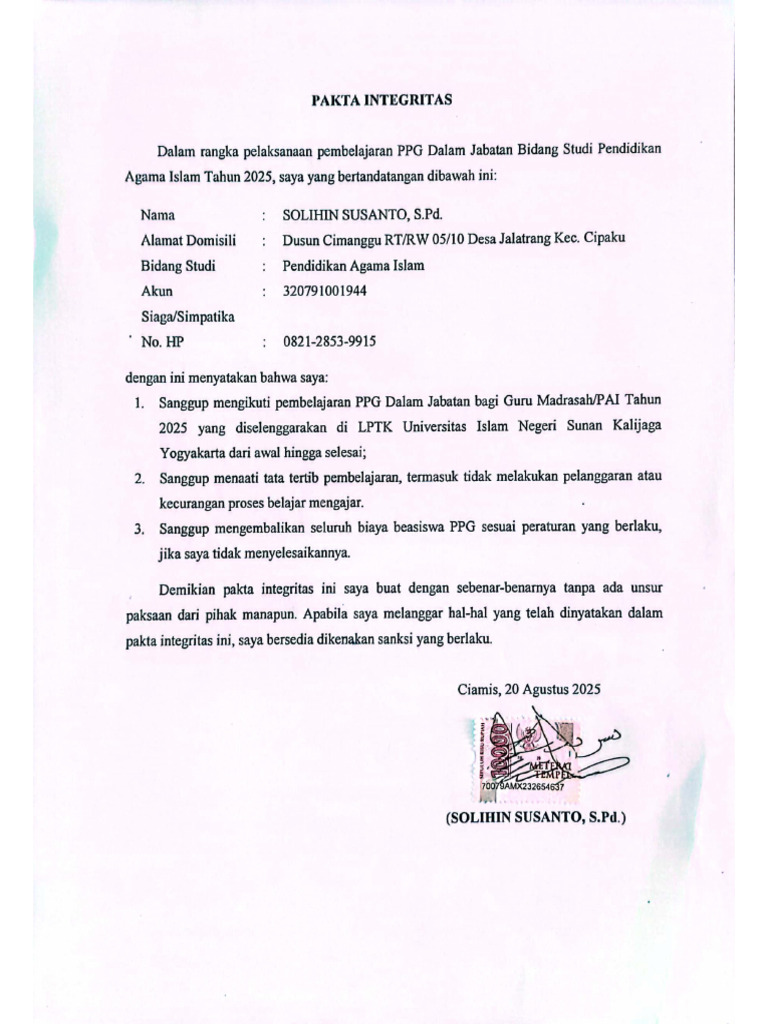 Pakta Integritas | PDF