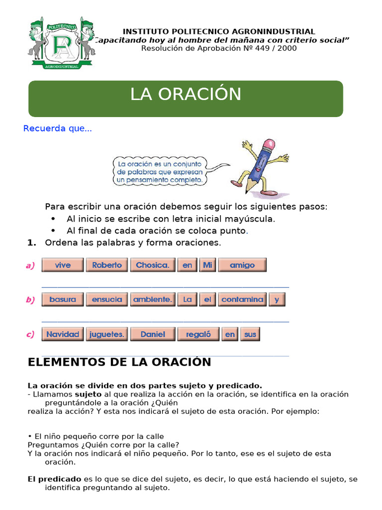 La Oracion y Sus Partes Palmeras | PDF | Asunto (gramática) | Oración ...