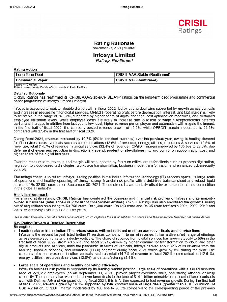 CCRA Session 8 Additional Reading Rating Rationale of Infosys | PDF ...