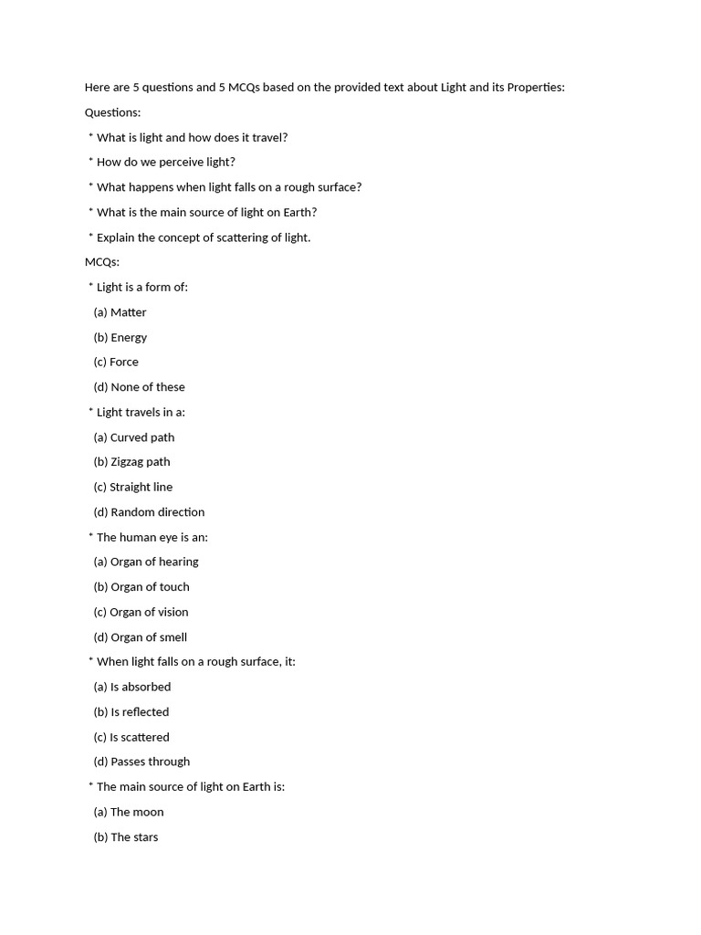 Here Are 5 Questions and 5 MCQs Based On The Provided Text About Light ...