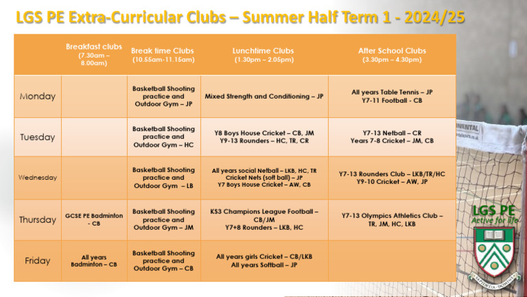 LGS PE Extra-Curricular Timetable - 2024-25 - Summer Half Term 1 | PDF ...